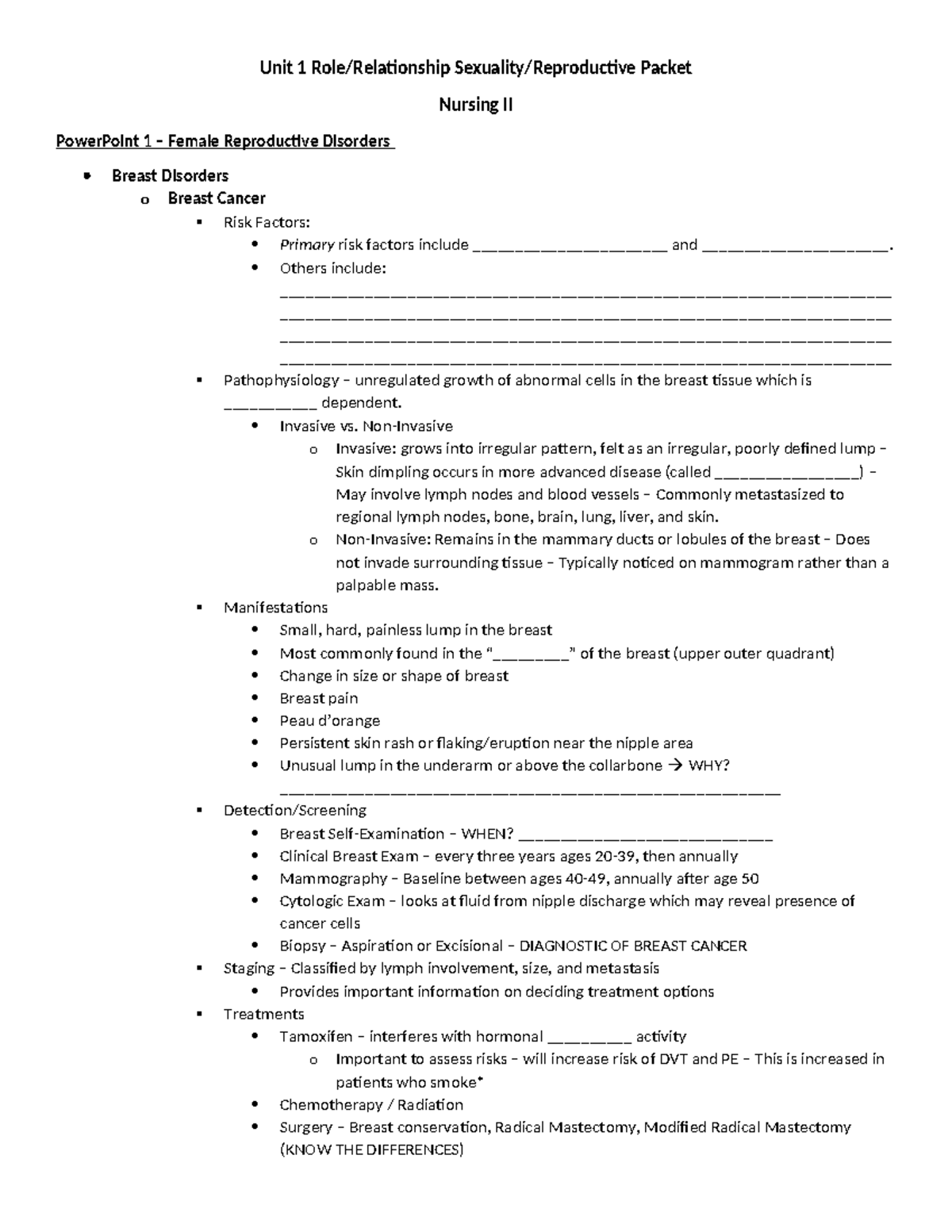 Unit 1 Packet Nursing II: Female Reproductive Disorders Overview - Studocu