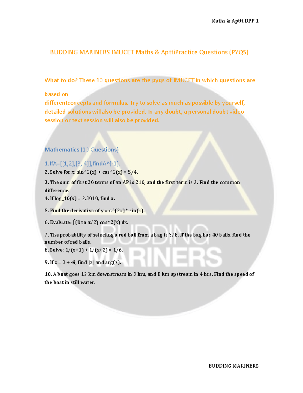 IMUCET Maths Aptti DPP 1: Practice Questions & Solutions - Studocu