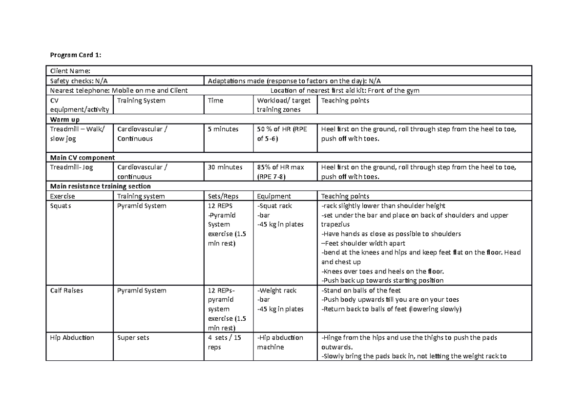 Level 3 Program Cards for Client Training & Exercise Plans - Studocu