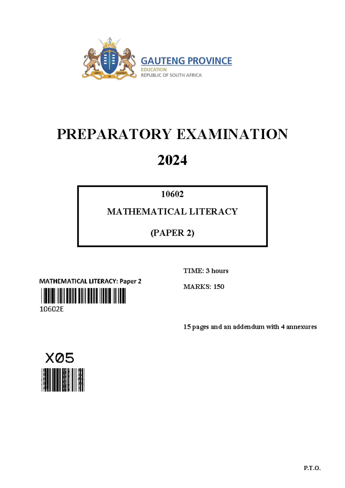 Mathematical Literacy P2 10602 Preparatory Exam 2024 Guide - Studocu