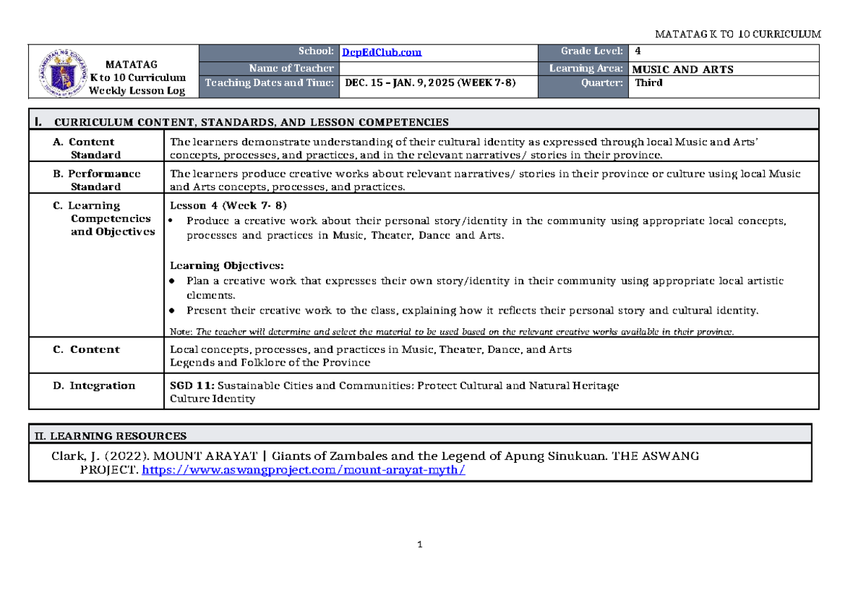 MATATAG K to 10 Curriculum: Weekly Lesson Log for Grade 4 Music and ...