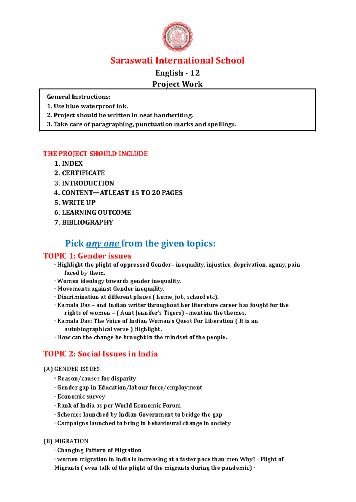 English Project Work - Class XII: Addressing Gender & Social Issues ...