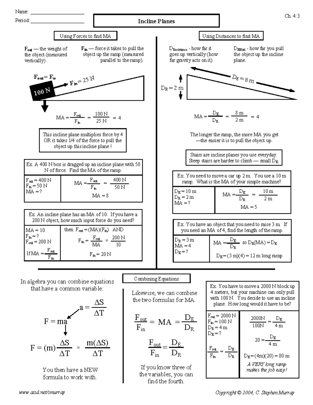 Unit 10 Inclined Planes Worksheet - Mr. Murray's Class - Studocu