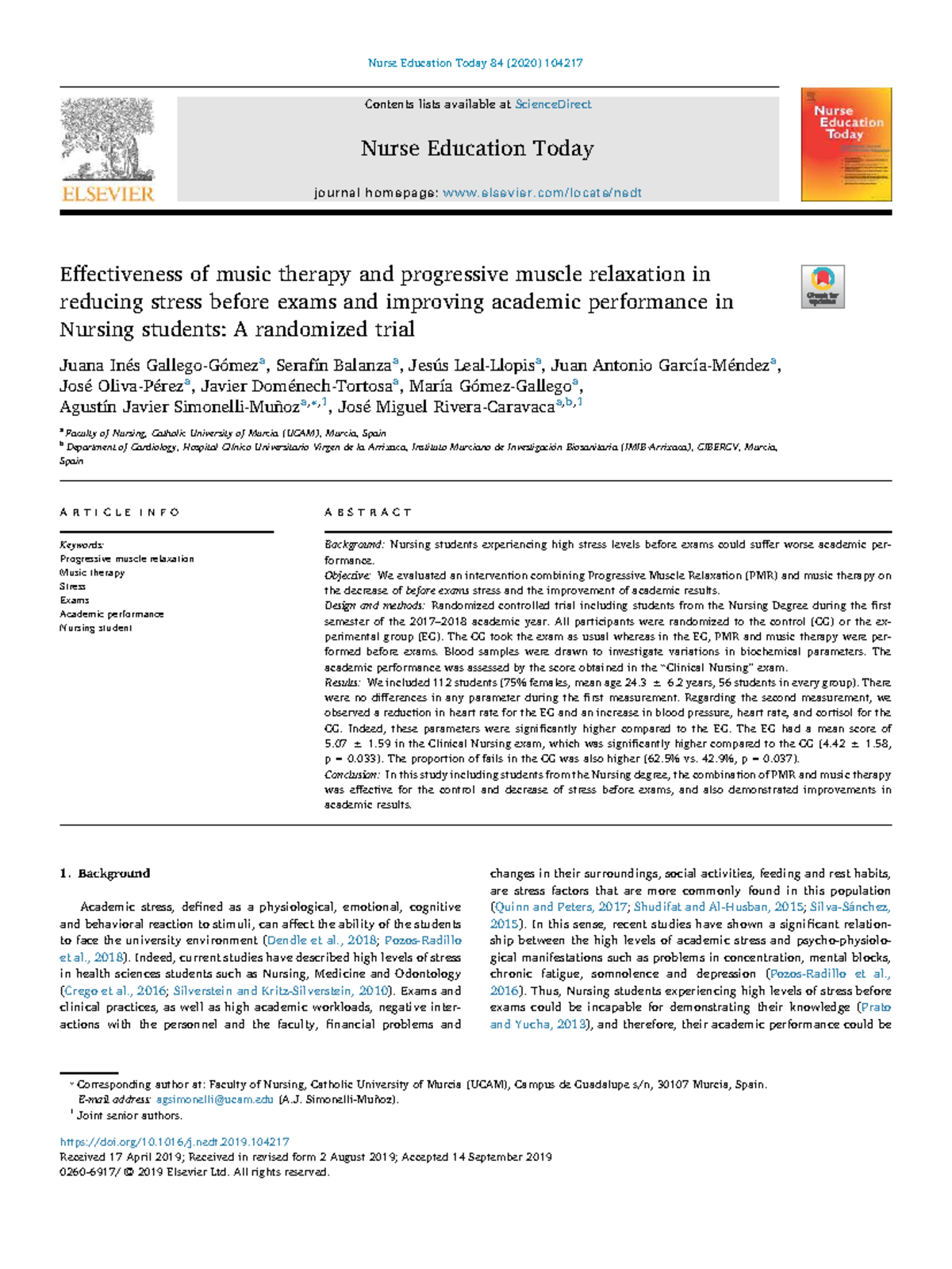 Effectiveness of PMR and Music Therapy on Nursing Students' Exam Stress ...