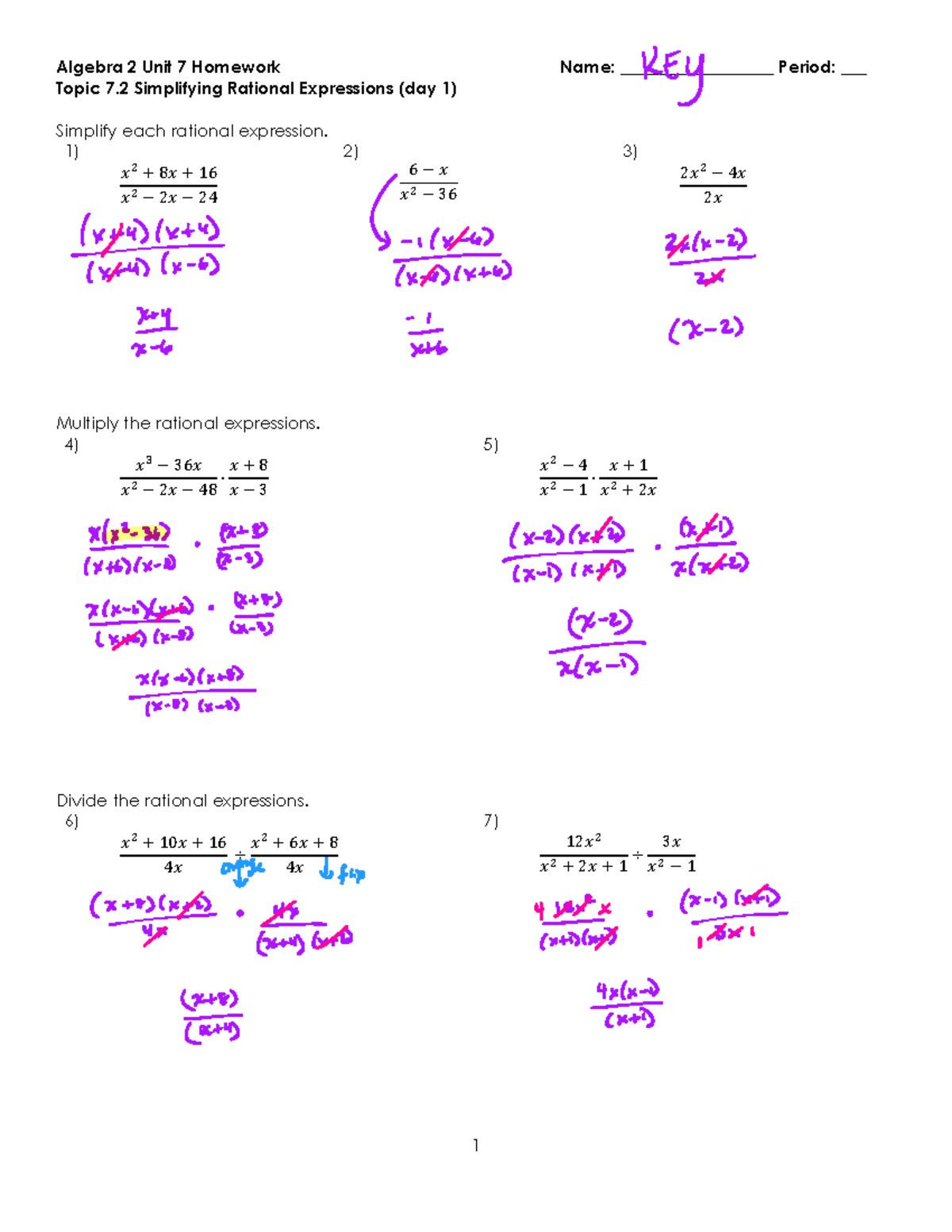 Algebra 2 - Unit 7 Homework: Simplifying Rational Expressions - Studocu