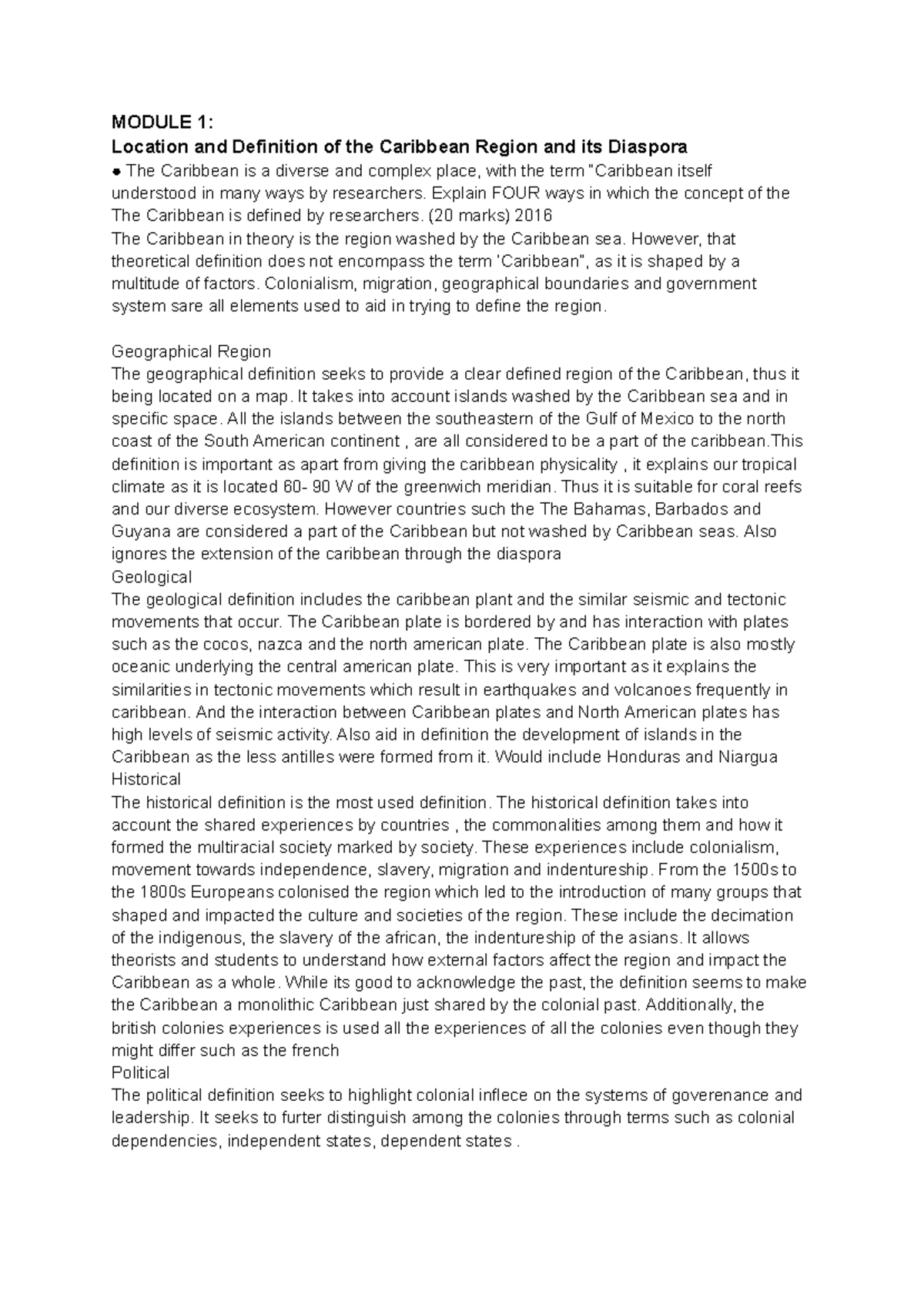 Caribbean Studies Module 1 - Essay Points on Regional Definitions - Studocu