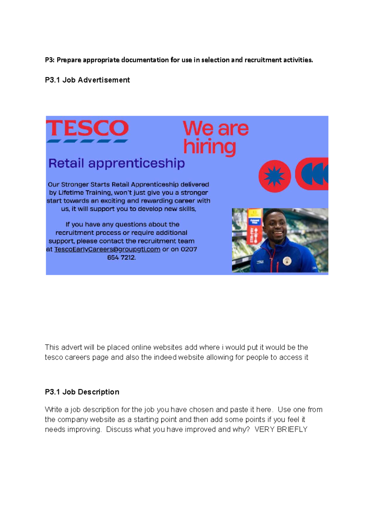 P3: Job Ad & Description for Tesco Retail Apprenticeship - Studocu