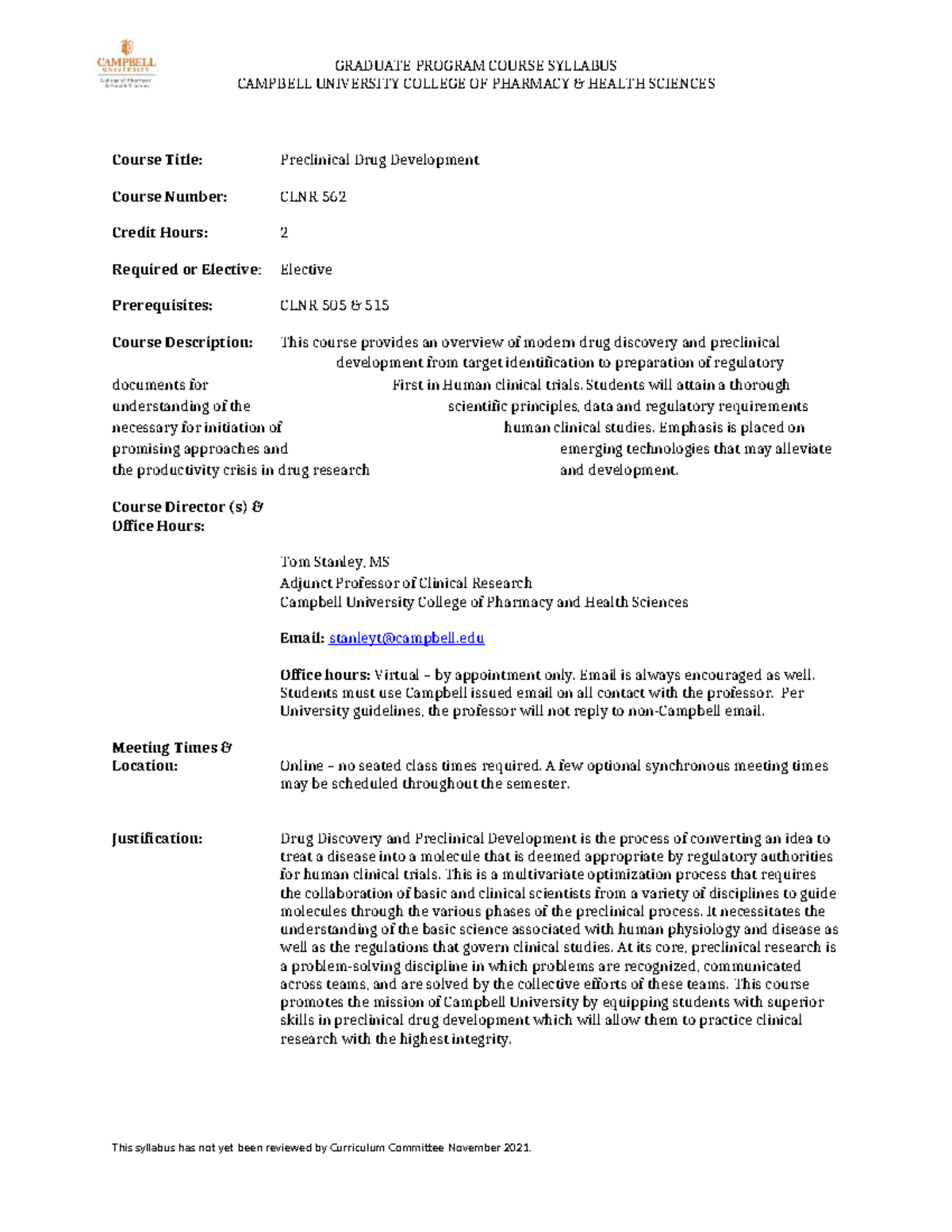 CLNR 562 Syllabus-Spring 2022 (Final)122121 - GRADUATE PROGRAM COURSE SYLLABUS CAMPBELL ...