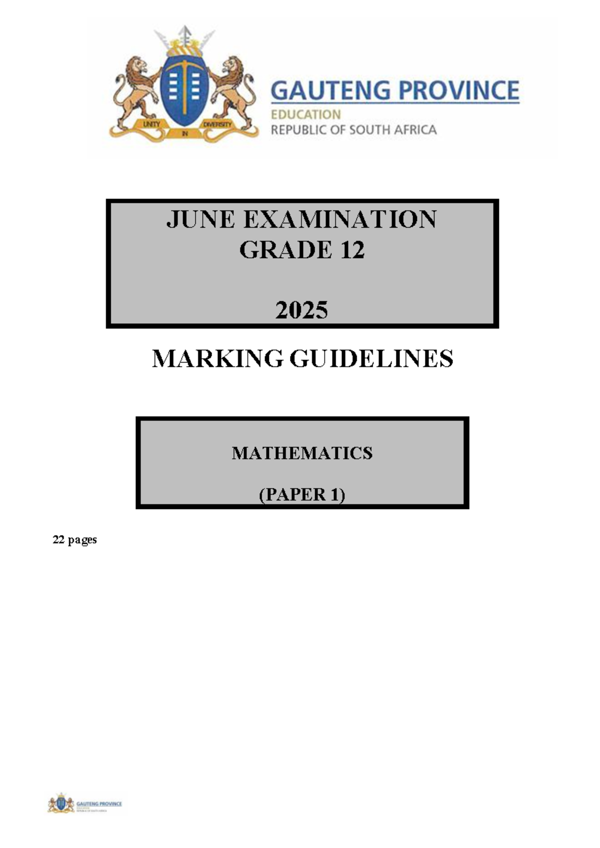 GR12 0625 JUNE 2025 MATHEMATICS PAPER 1 MARKING GUIDELINES - Studocu