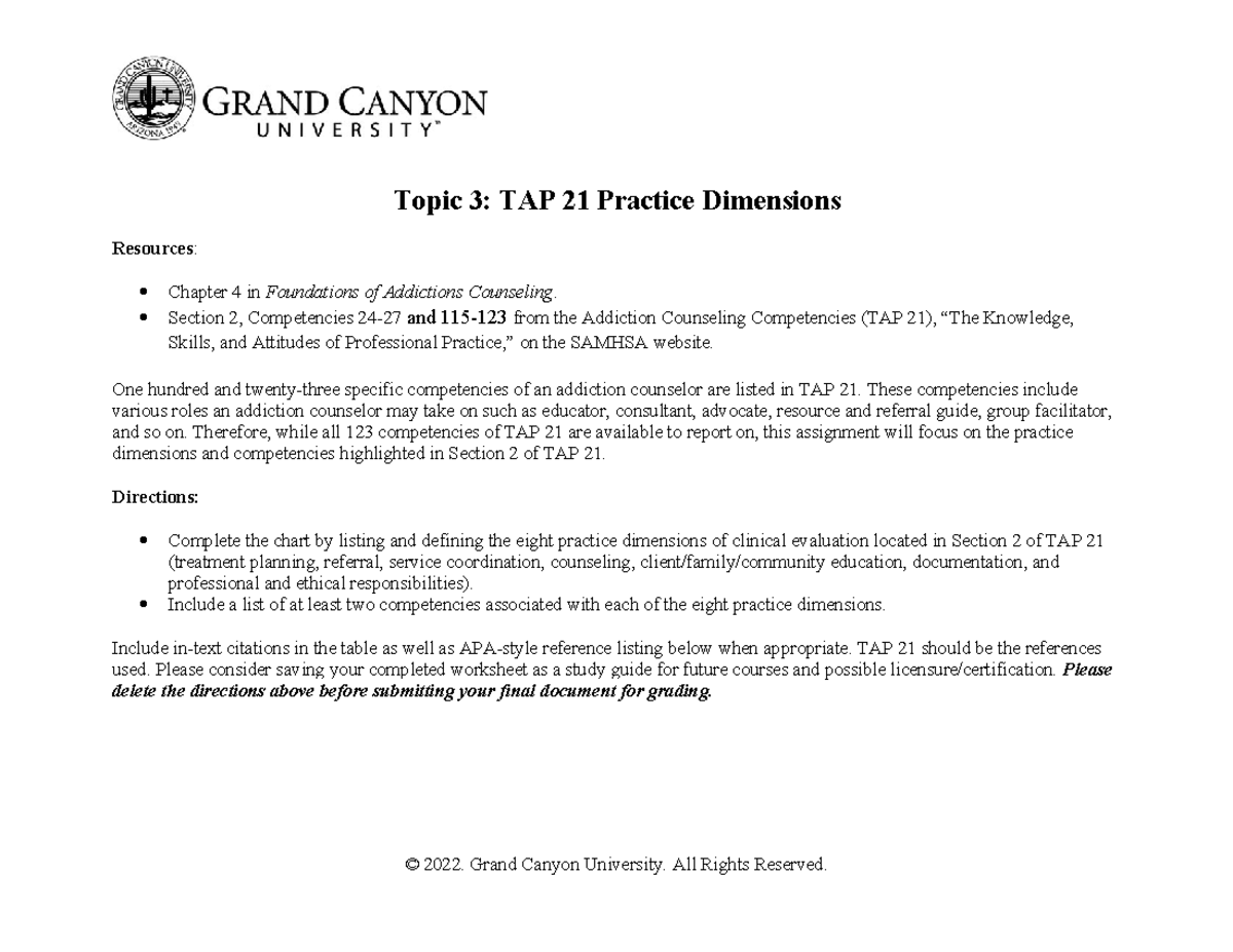 TAP 21 Practice Dimensions Overview and Competencies Analysis (Obj. 3.1 ...