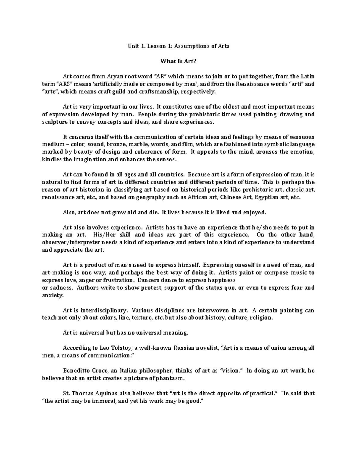 U1L1 - What Is Art? Art comes from Aryan root word “AR” which means to ...