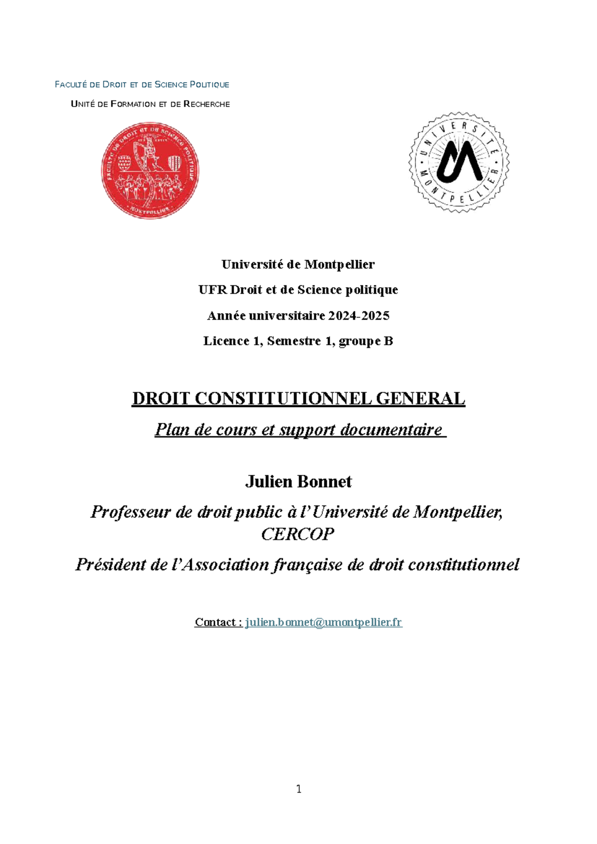 DROIT CONSTITUTIONNEL GENERAL - Plan de Cours UFR Droit 1ère Année S1 - Studocu