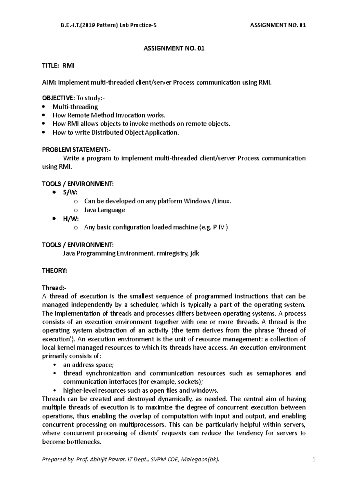Asg 01 RMI - ASSIGNMENT NO. 01 TITLE: RMI AIM: Implement multi-threaded client/server Process ...