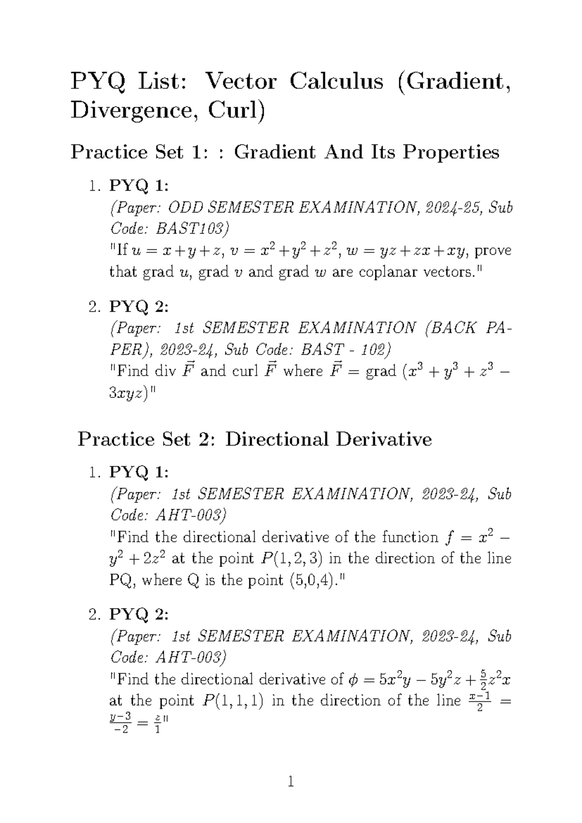 PYQ List: Vector Calculus (Gradient, Divergence, Curl) - BAST103 & BAST102 - Studocu