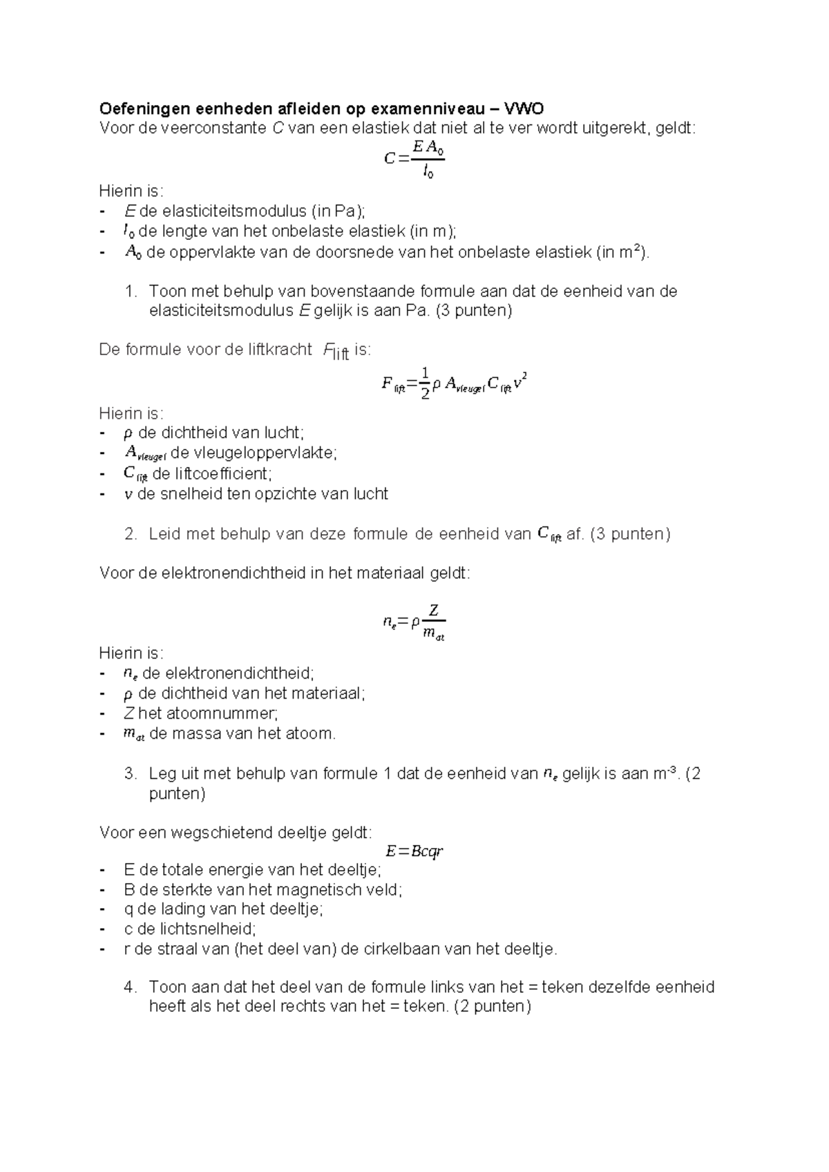 Oefeningen eenheden afleiden op examenniveau VWO - Extra Oefening 1 ...