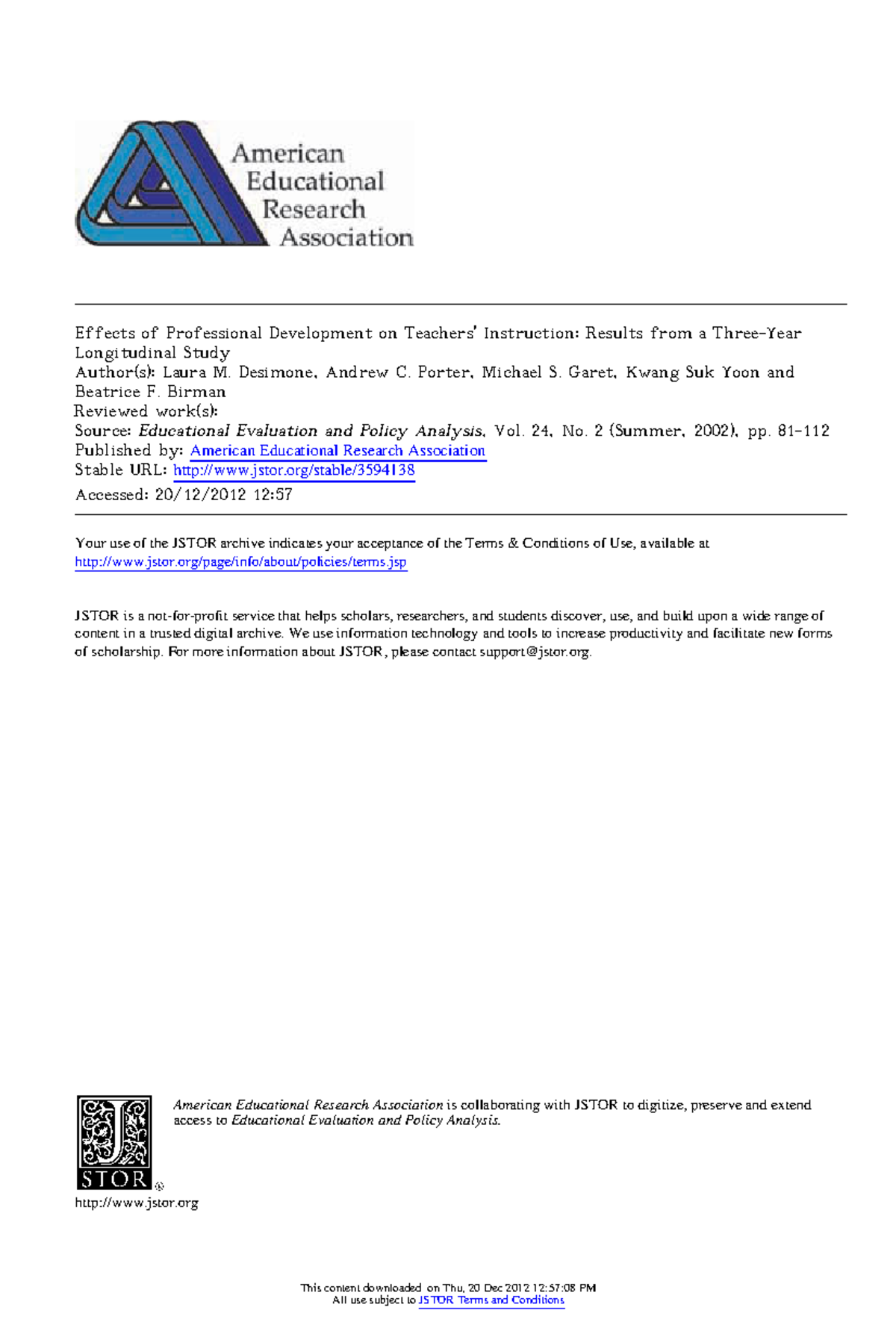 Effects of Prof. Dev. on Teachers' Instruction: A Longitudinal Study ...