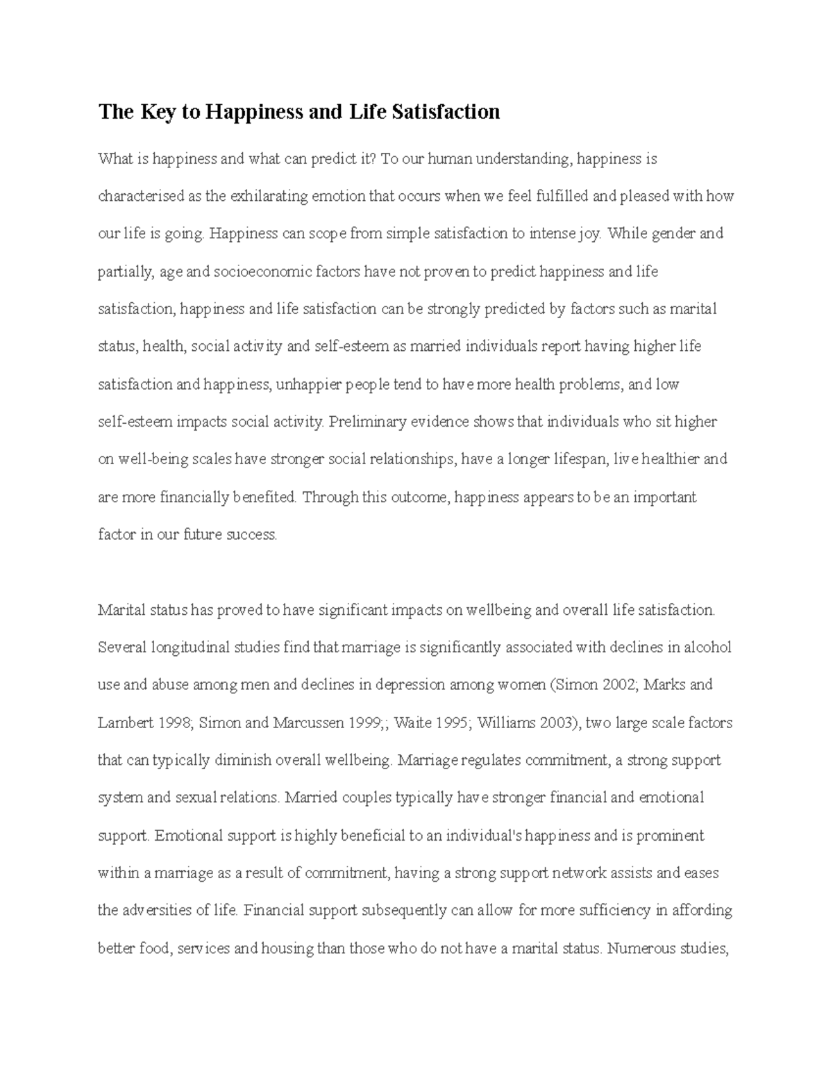 Essay assignment 1 - The Key to Happiness and Life Satisfaction What is ...