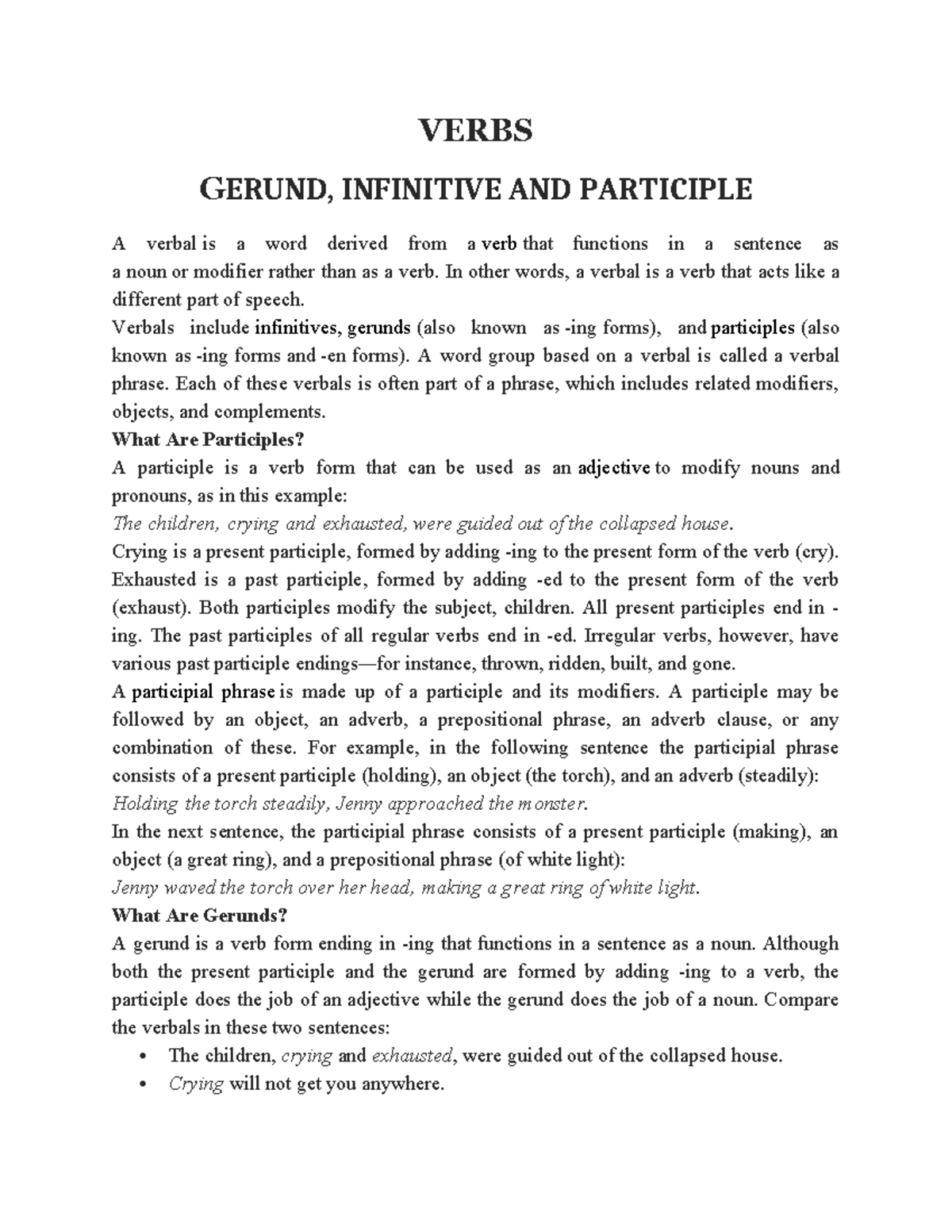 Verbs: Gerunds, Infinitives, and Participles Explained (ENG 101) - Studocu