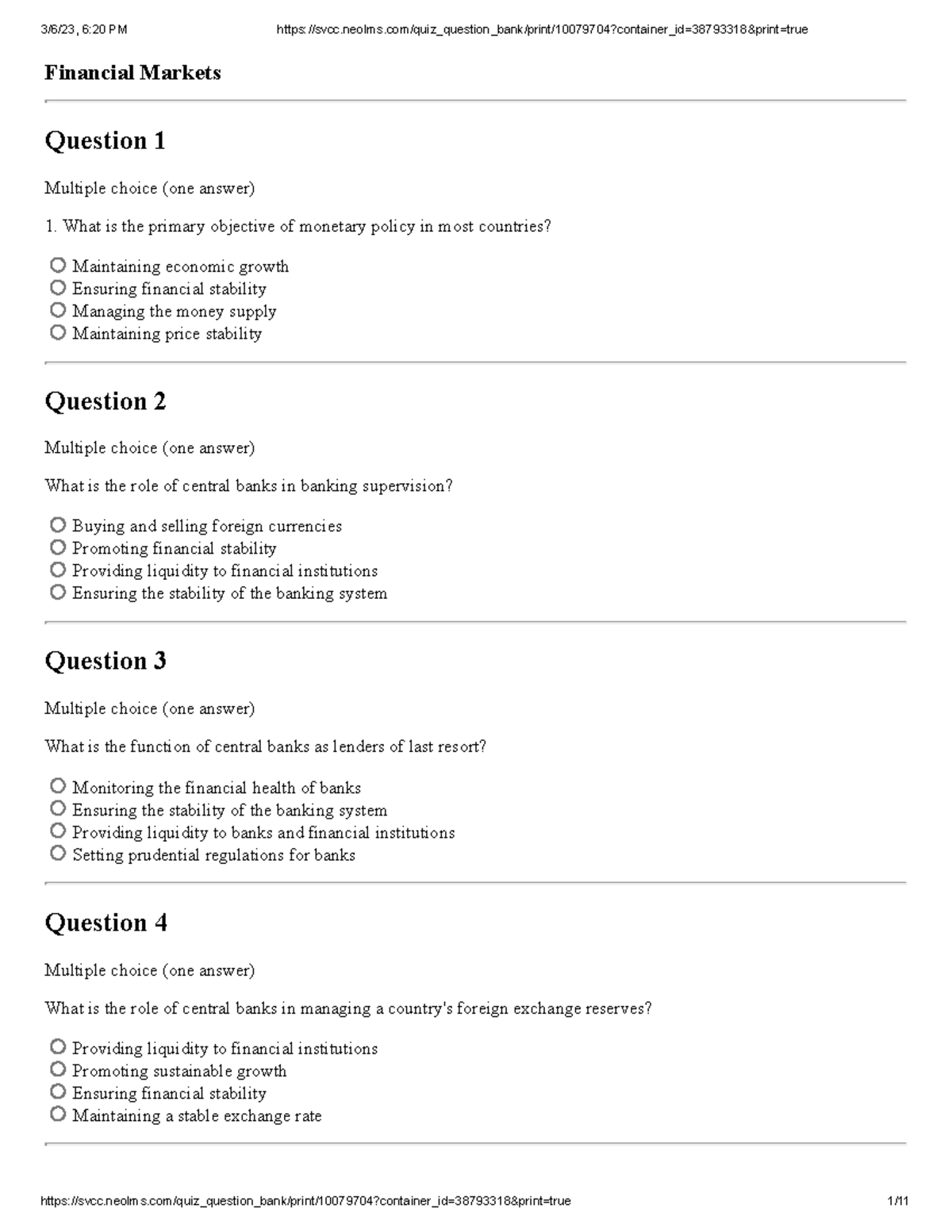 financial market exam - Financial Markets Question 1 Multiple choice ...