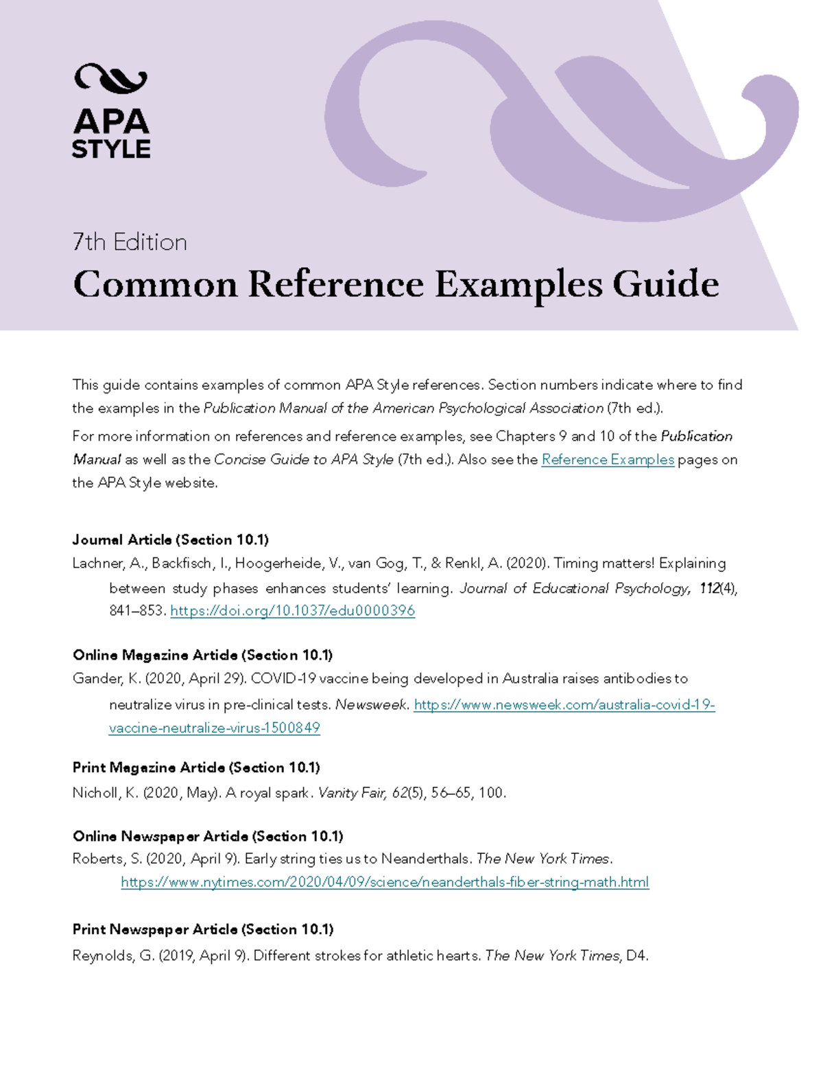 APA 7th Ed. Common Reference Examples Guide - Studocu
