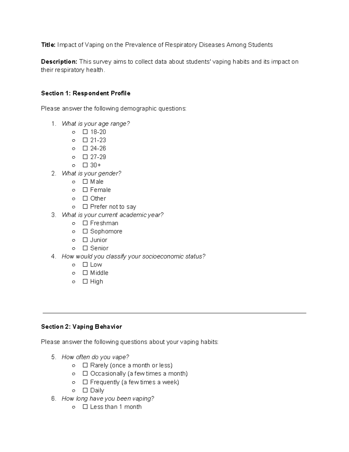 Questionnaire on Vaping Impact and Respiratory Health Among Students ...