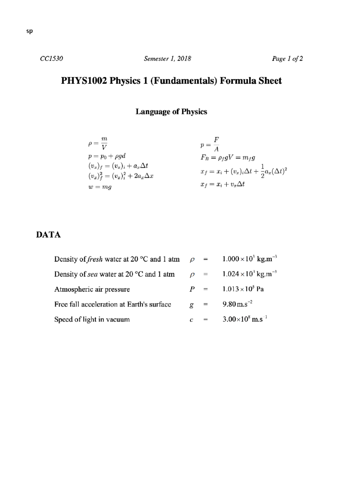 PHYS1002 Semester 1, 2018 Formula Sheet & Past Paper Questions - Studocu