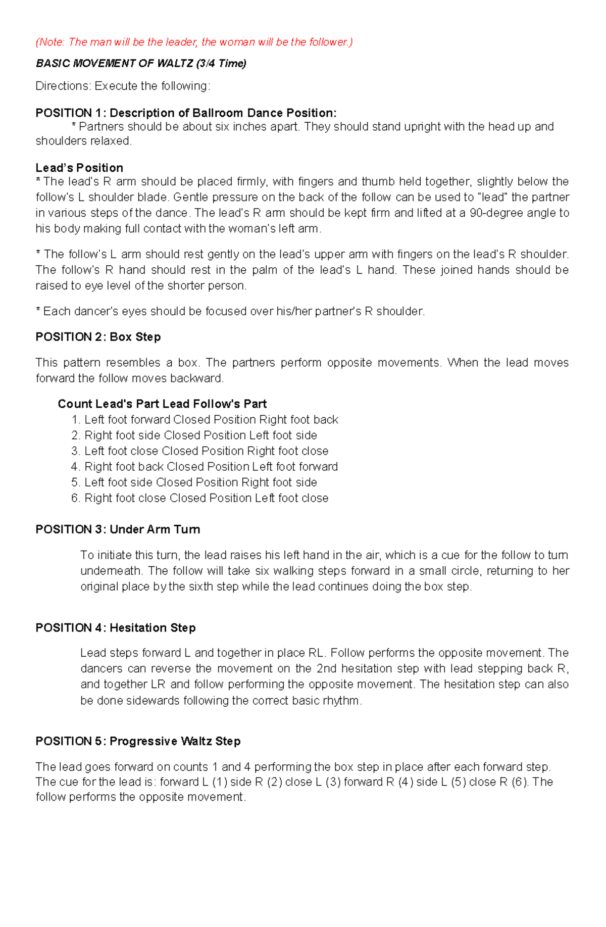 Lesson 3: Basic Waltz Movements and Positions - Studocu