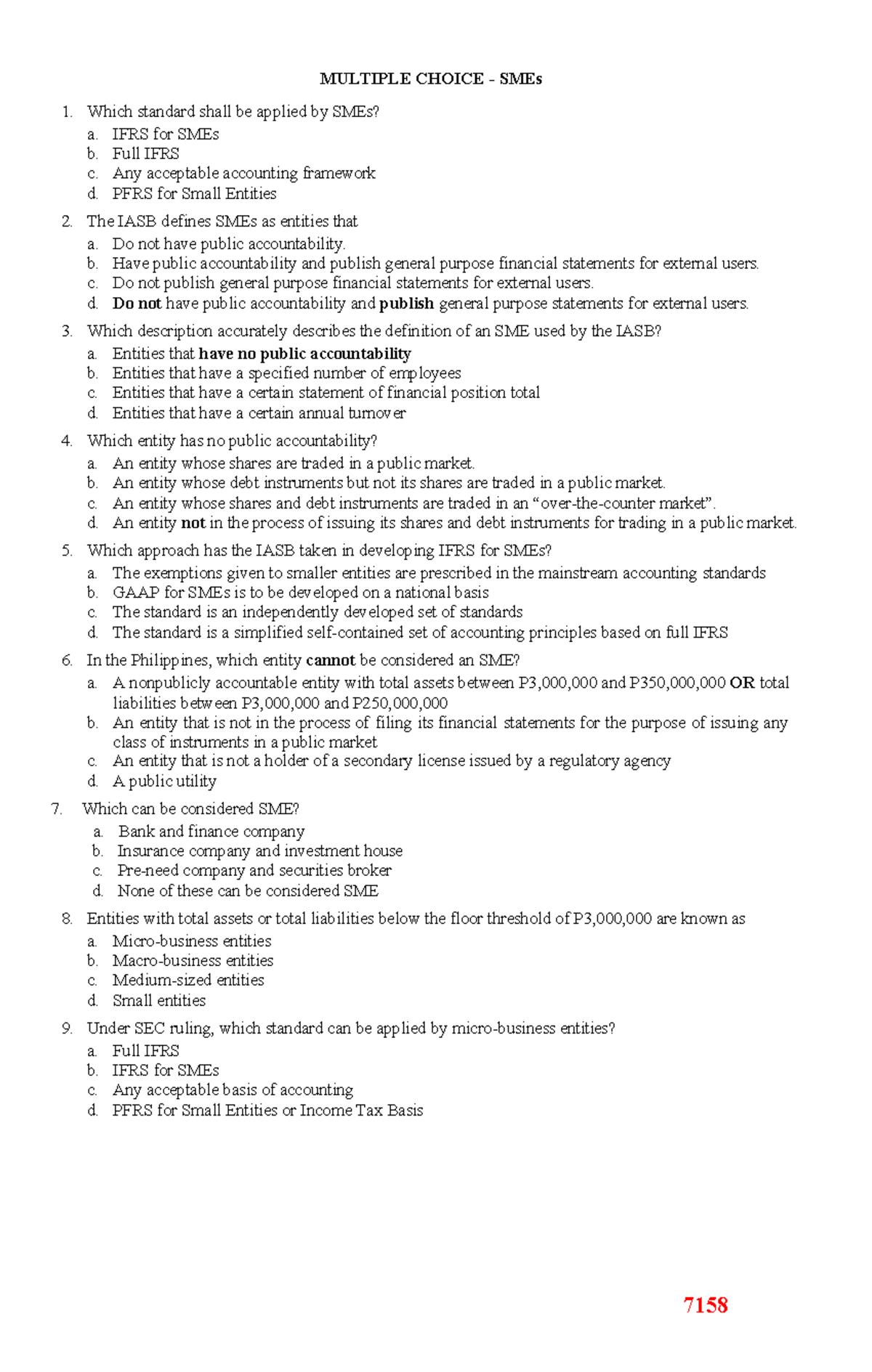 7158 Multiple Choice Questions on IFRS for SMEs - Studocu