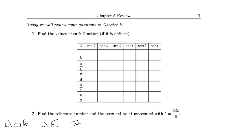 Chapter 5 Review: Trigonometric Functions & Unit Circle Notes - Studocu