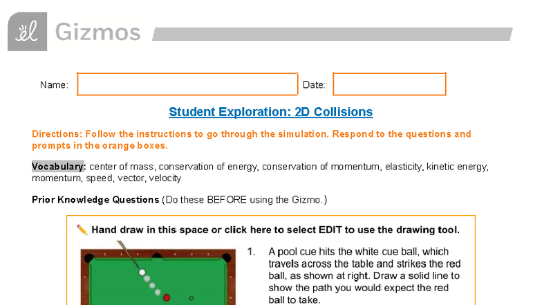 2D Collisions Student Exploration: Gizmo Activity Guide - Studocu