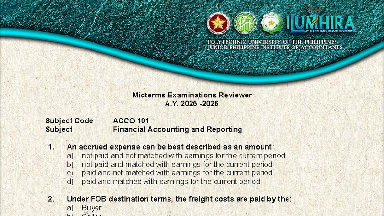 Midterm Reviewer for ACCO 1st Yr Financial Accounting 2526 - Studocu