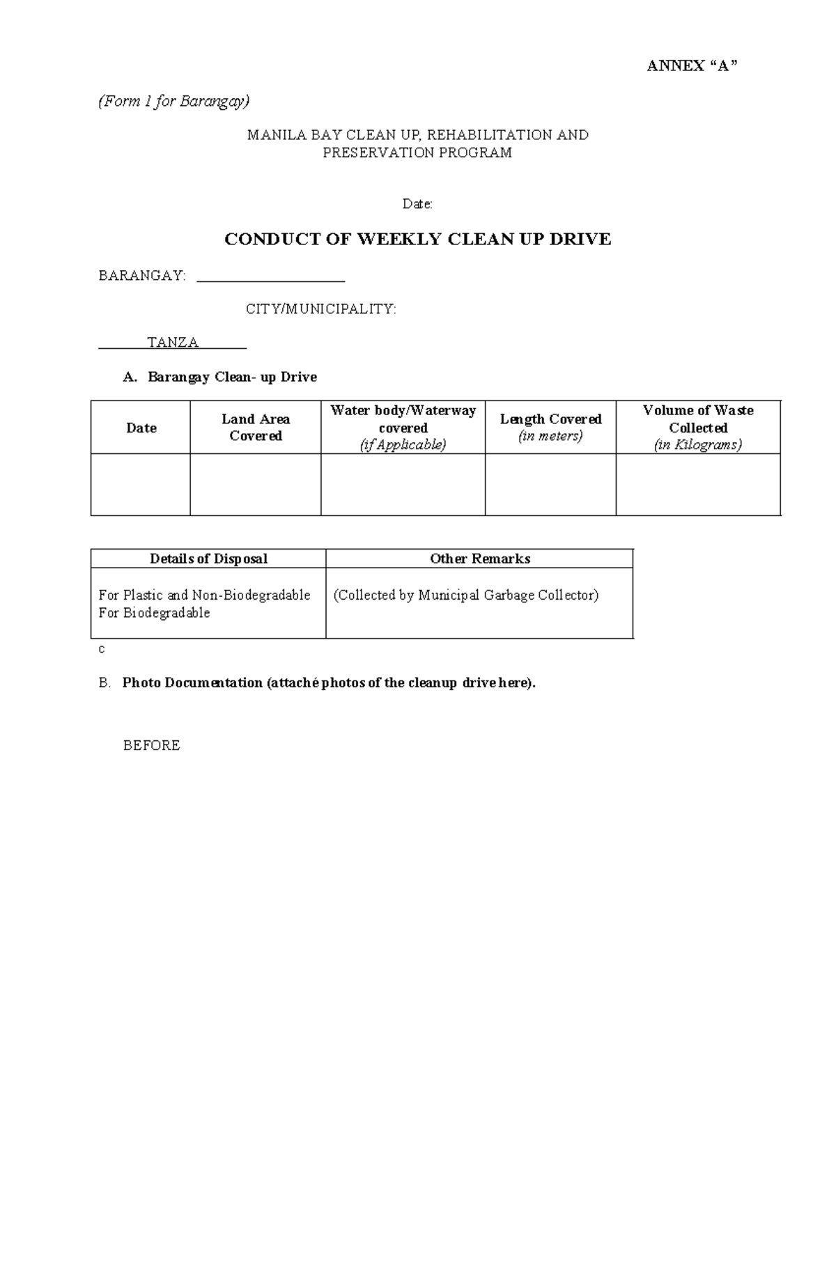 Manila Bay Clean-Up Form for Barangay Weekly Drive Documentation - Studocu