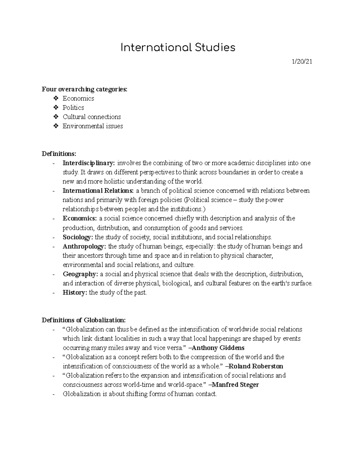 Class Notes International Studies - International Studies 1/20/ Four ...