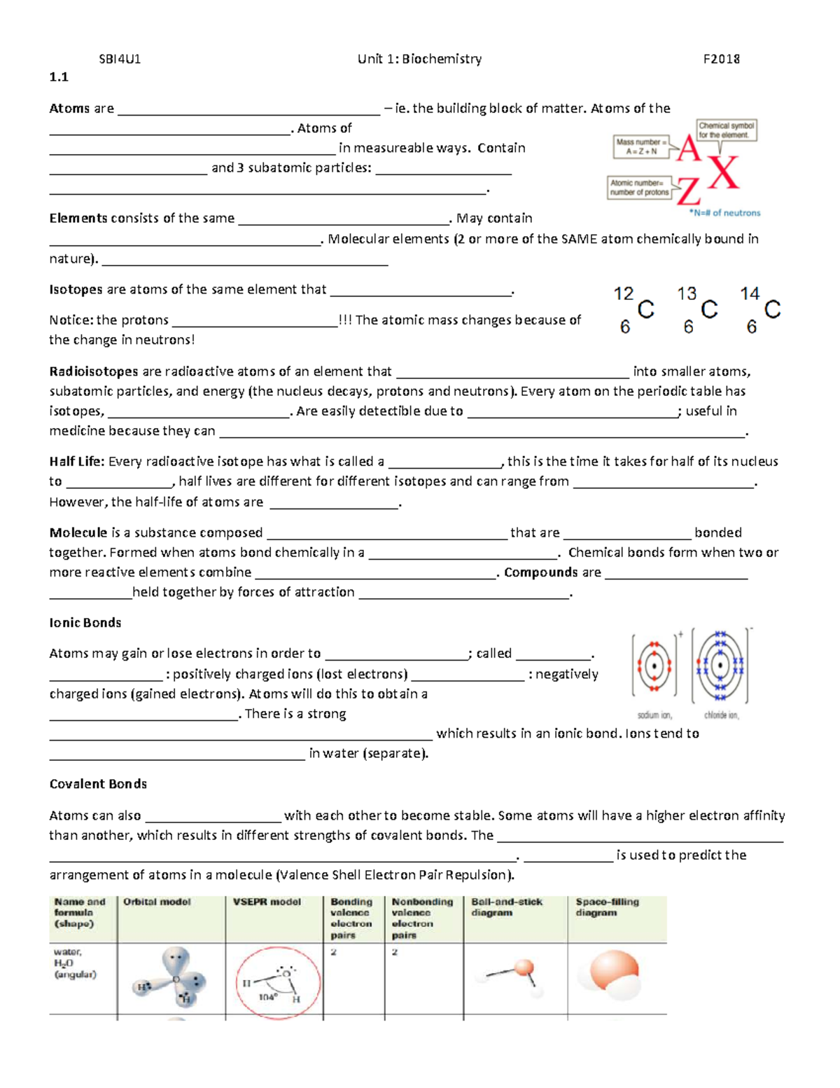 SBI4U1 Unit 1: Intro to Biochemistry F2018 - Atoms & Water Properties ...