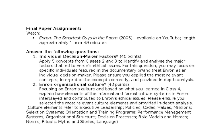 Final Paper Assignment: Analyzing Ethical Issues in Enron (Course Code ...