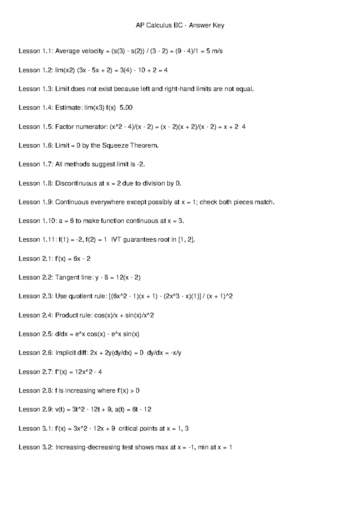 AP Calculus BC - Practice Answer Key - Studocu