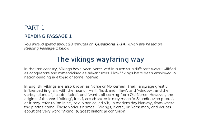 PART 1 READING PASSAGE 1: Viking Interpretations and Historical ...