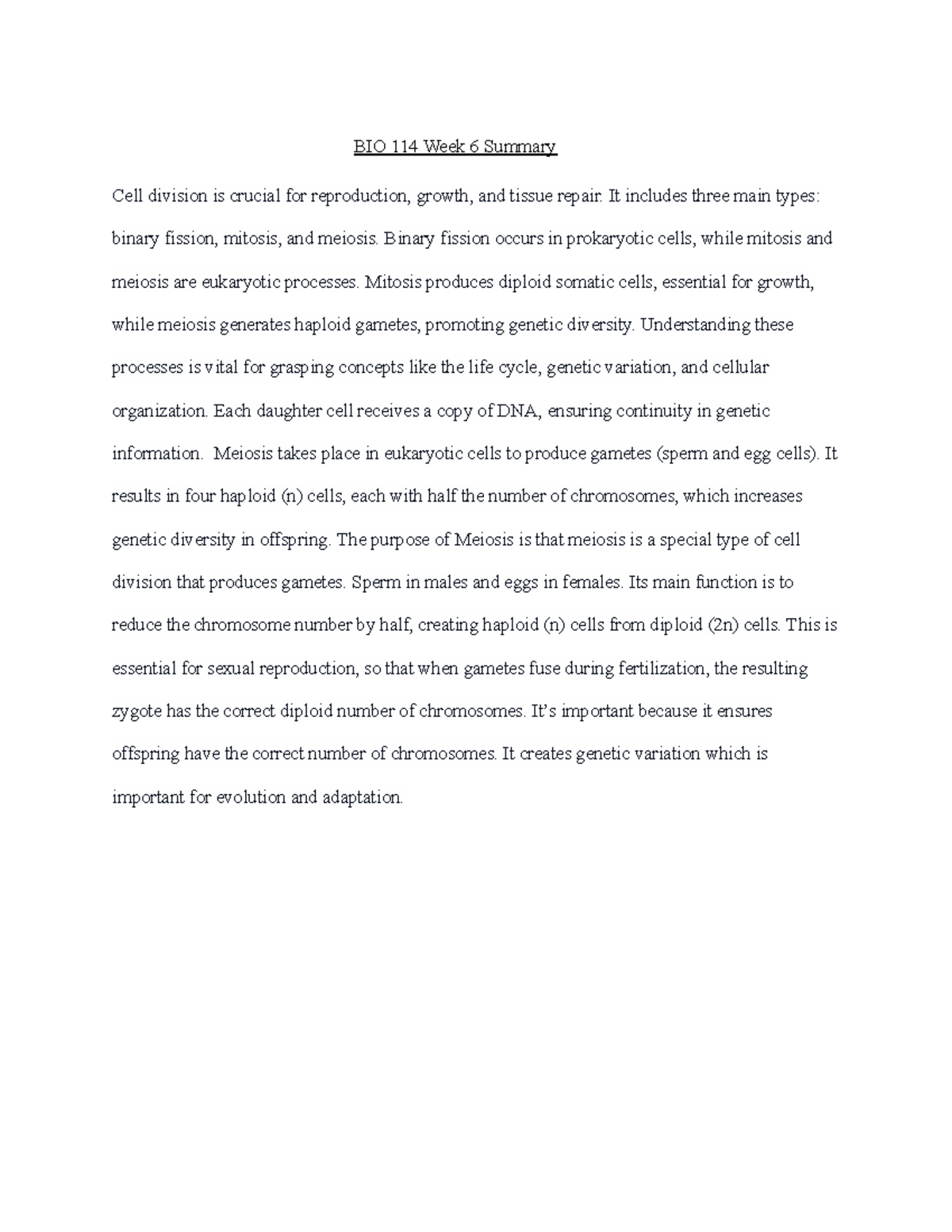 BIO 114 Week 6 Summary: Understanding Cell Division Processes - Studocu