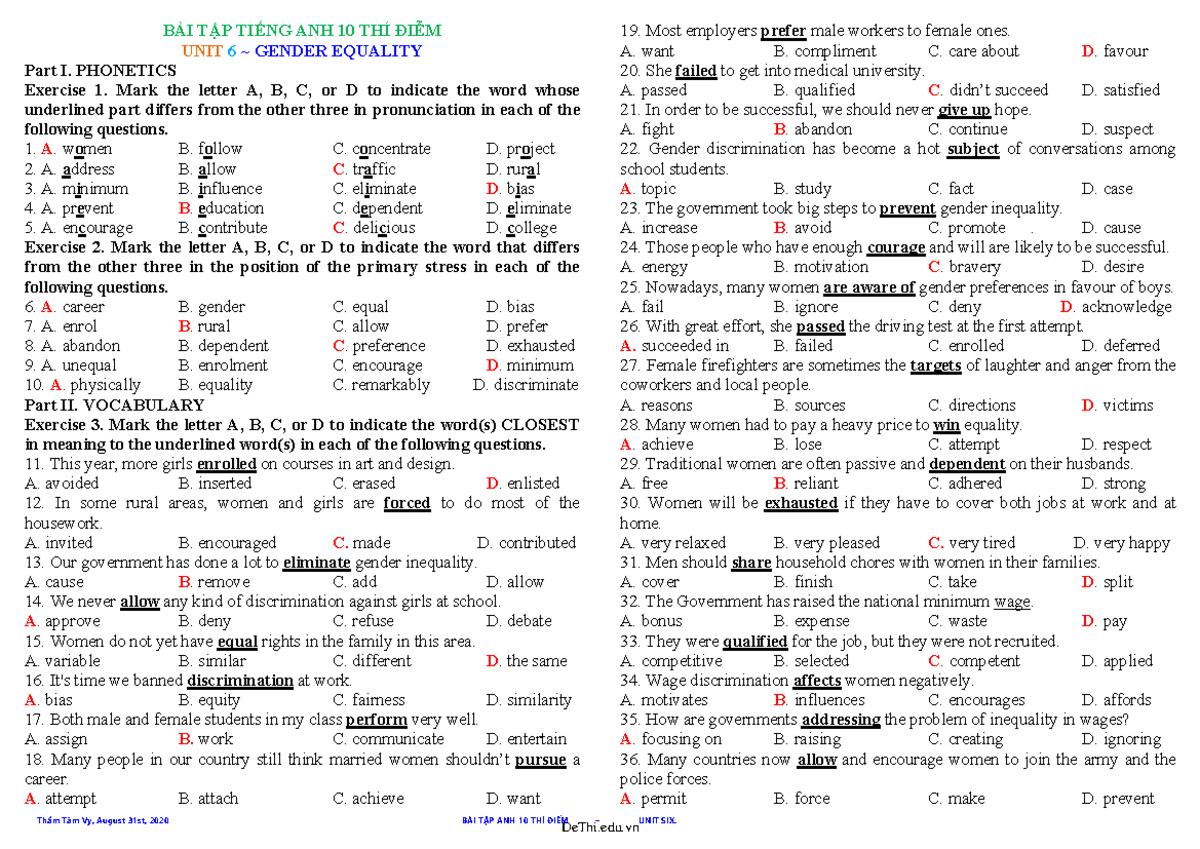 UNIT 6 - Gender Equality Exercises and Activities for English 10 - Studocu