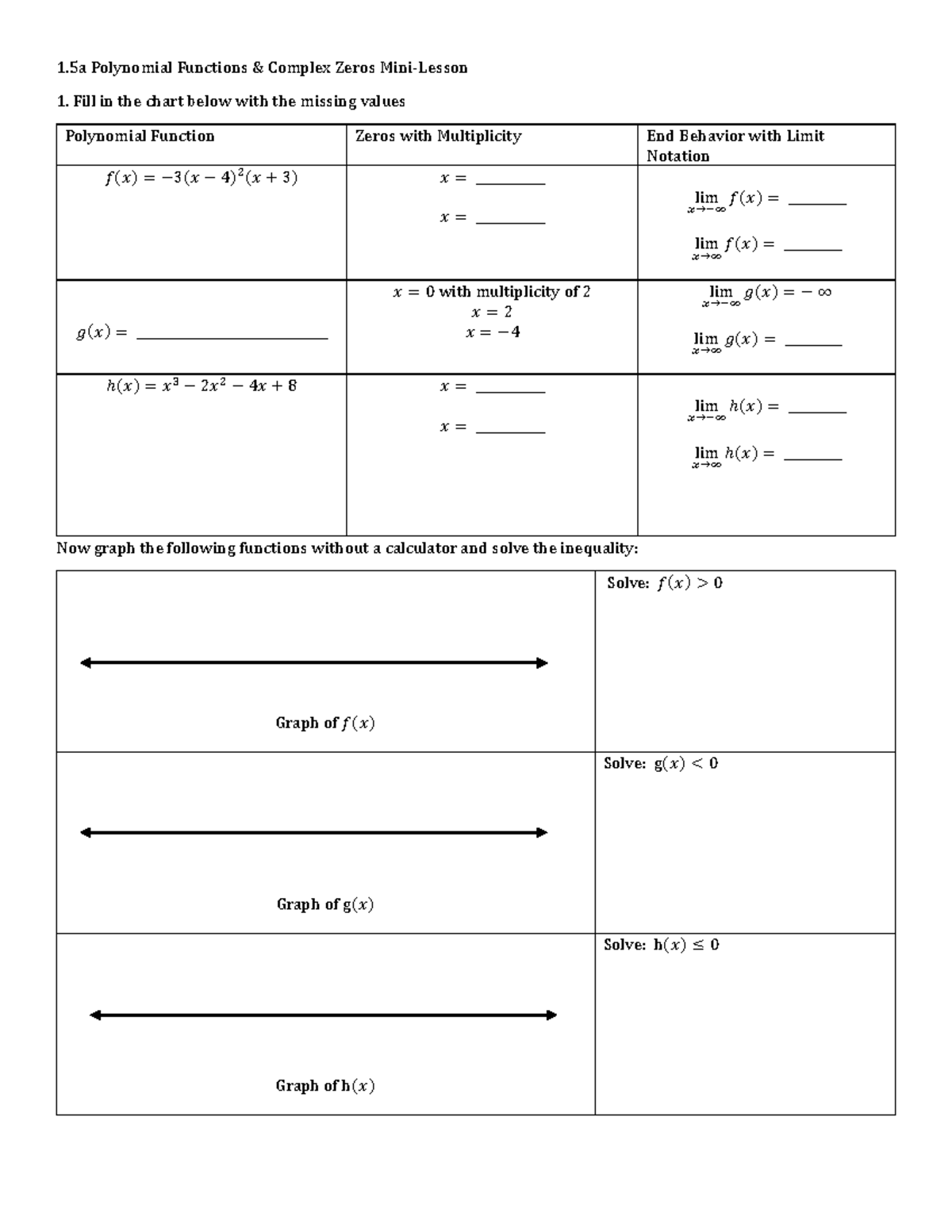 Polynomial Functions & Complex Zeros Mini-Lesson 1.5 Notes - Studocu