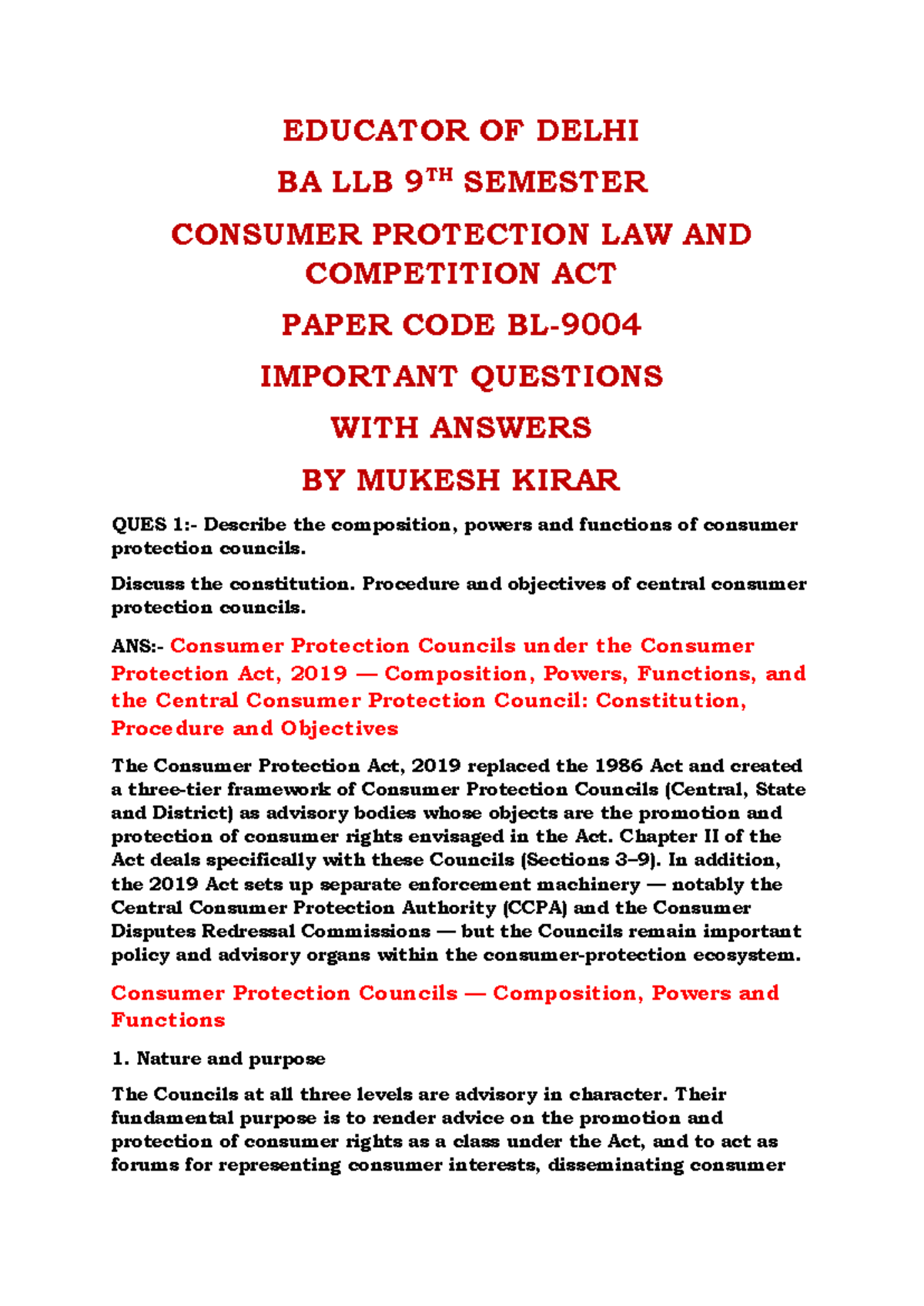 EDUCATOR OF DELHI BA LLB 9TH SEMESTER CONSUMER PROTECTION LAW ...