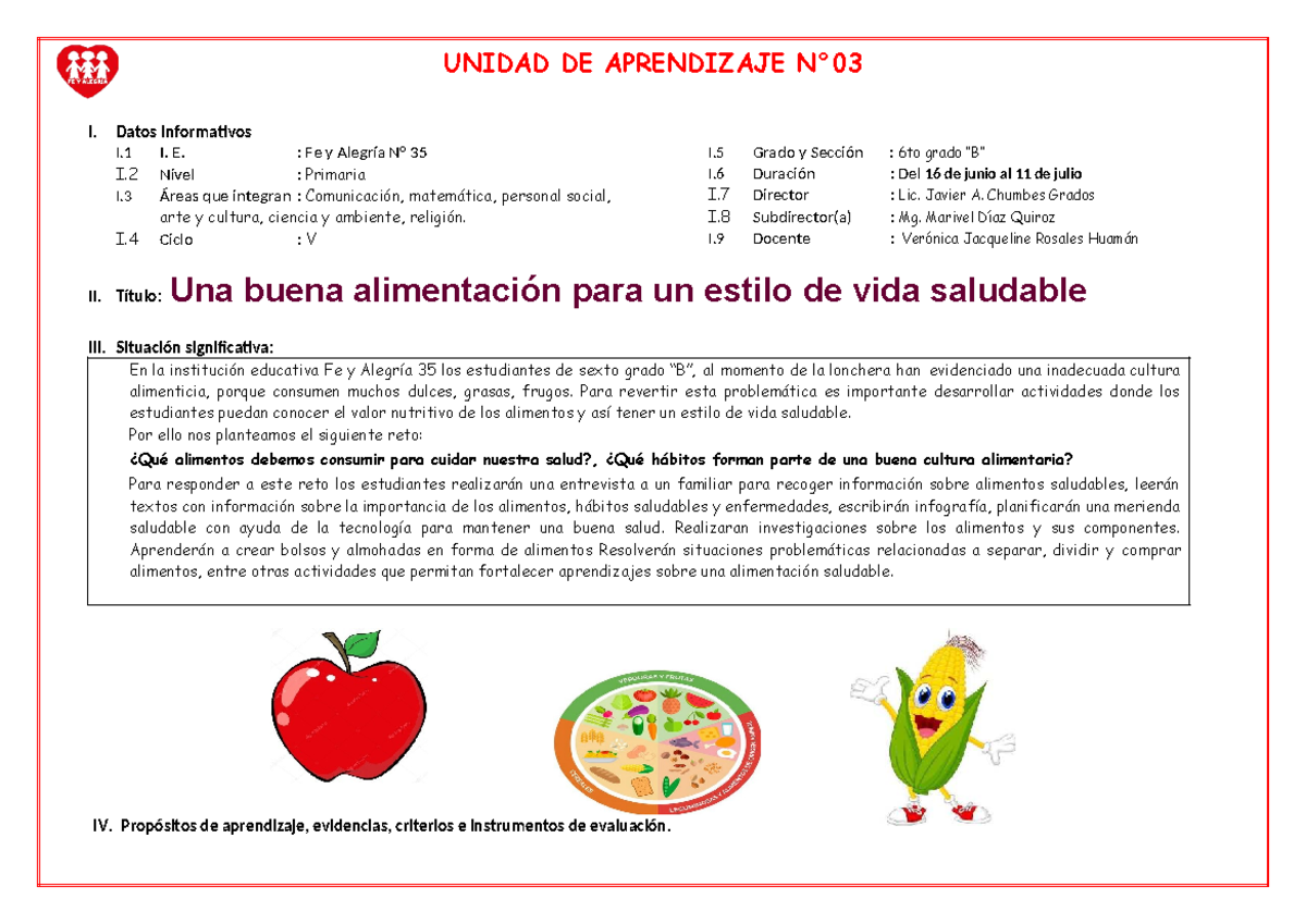 Unidad N°3: Alimentación Saludable en 6to Grado - Fe y Alegría 35 - Studocu