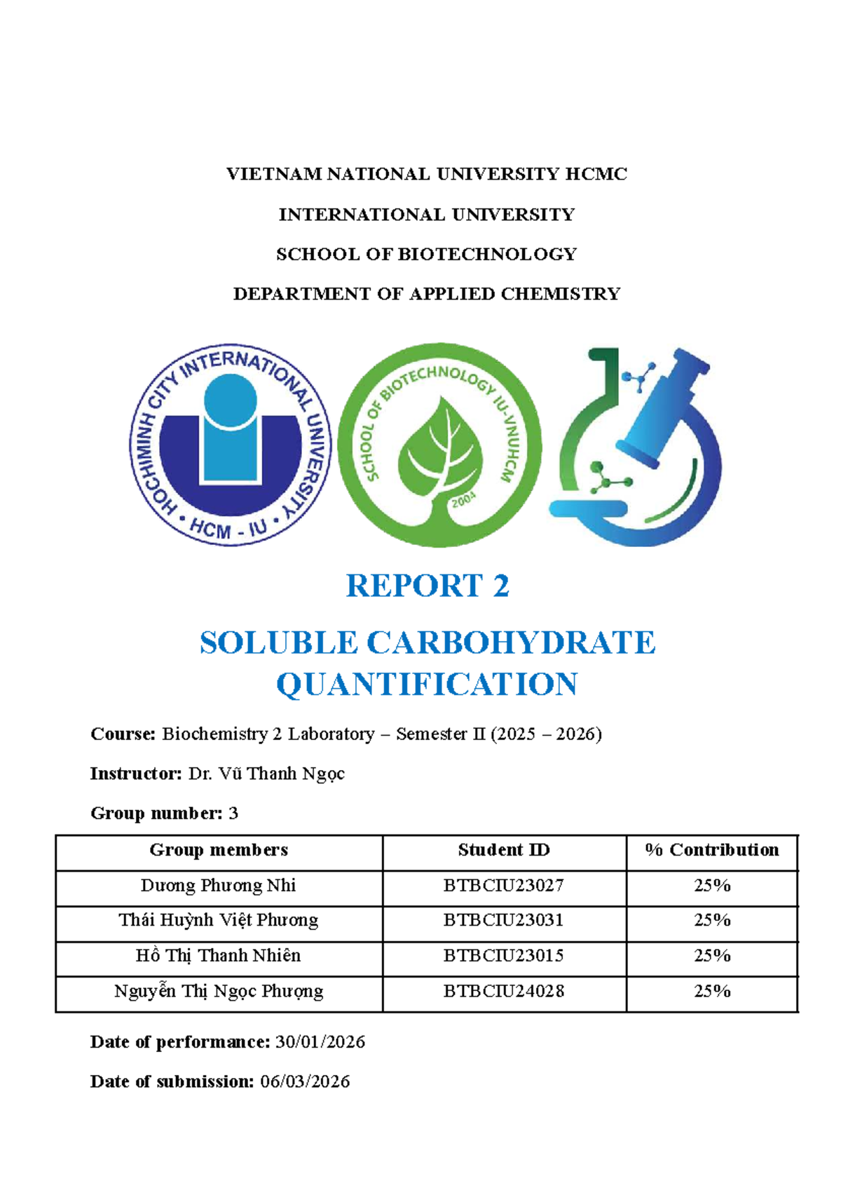Report 2: Soluble Carbohydrate Quantification in Biochemistry 2 Lab ...