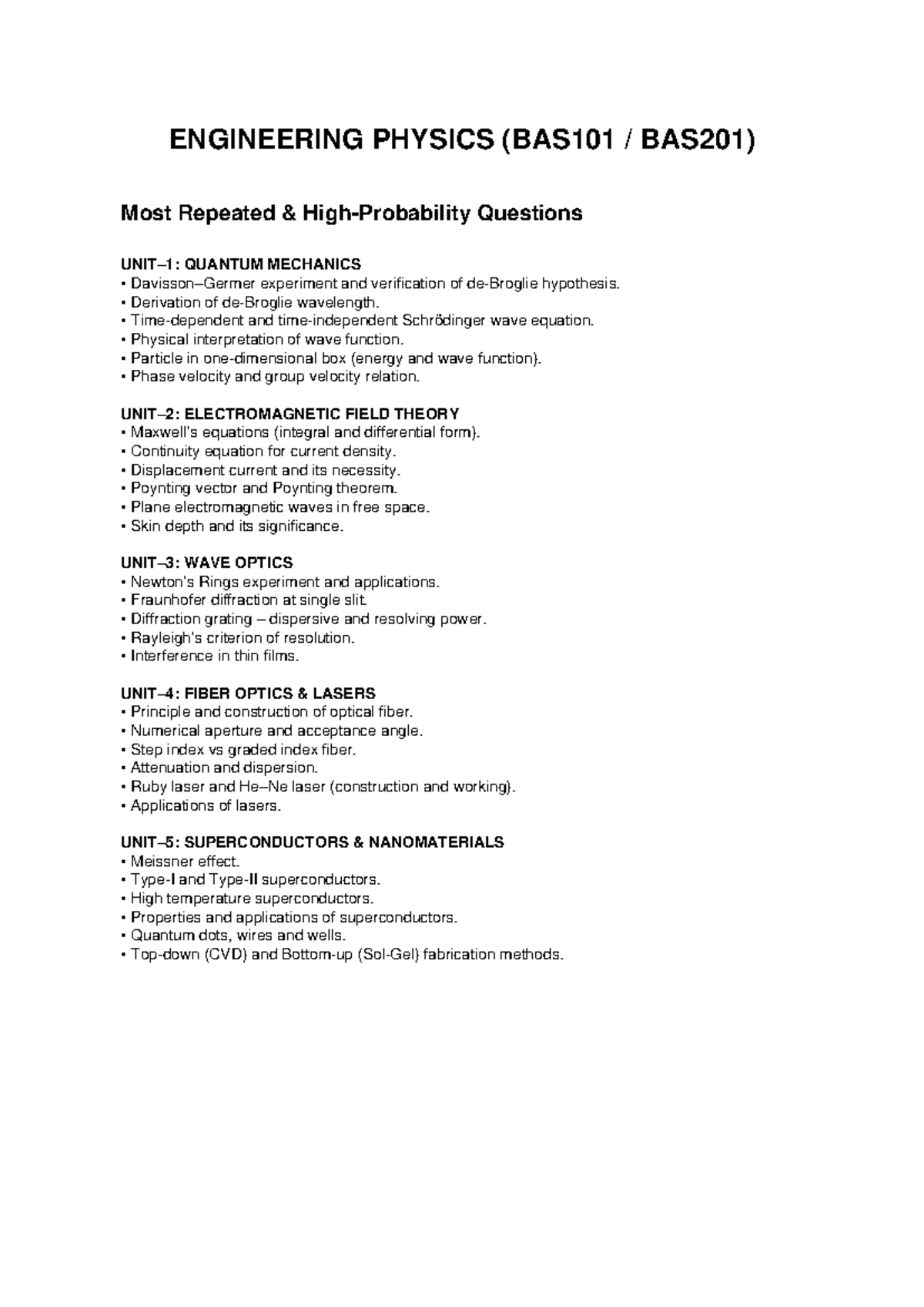 Engineering Physics (BAS101 BAS201) Most Commonly Asked Questions - Studocu