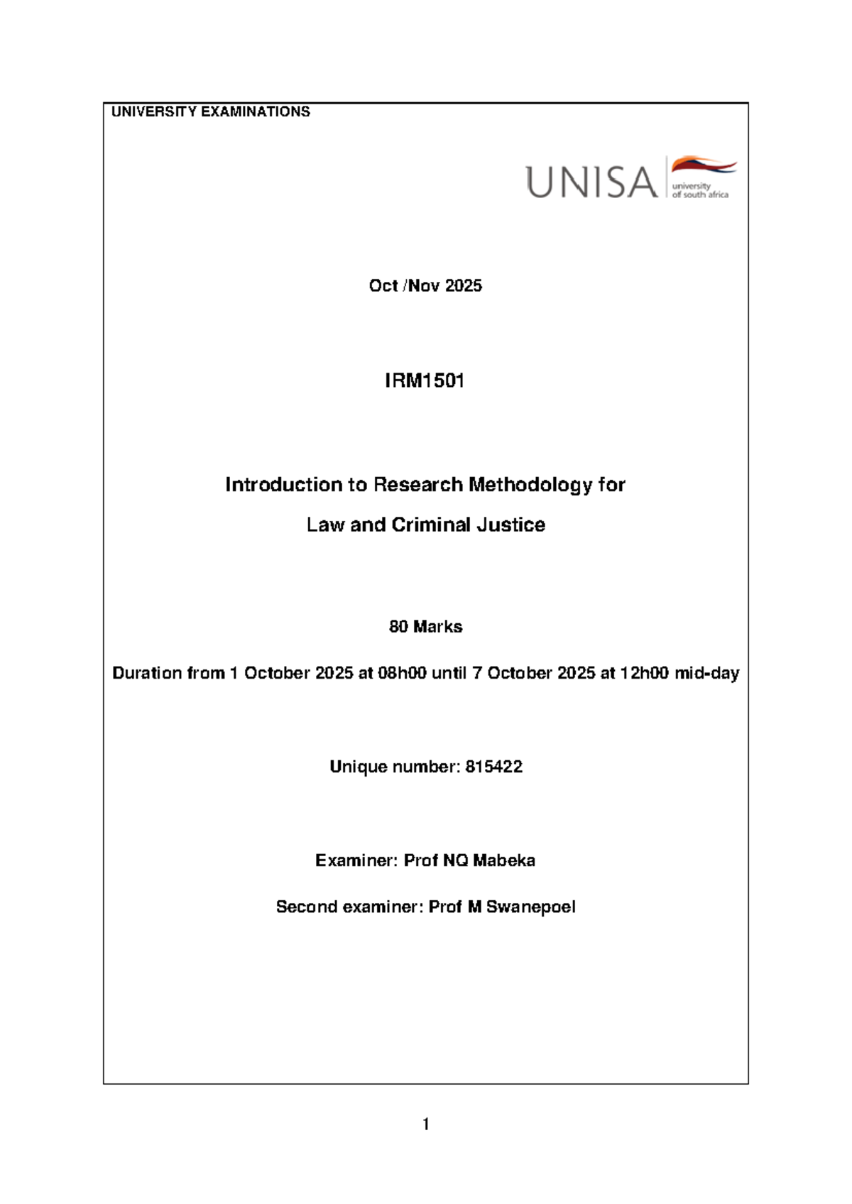 IRM1501 Final Exam Portfolio: Research Methodology for Law & Criminal ...