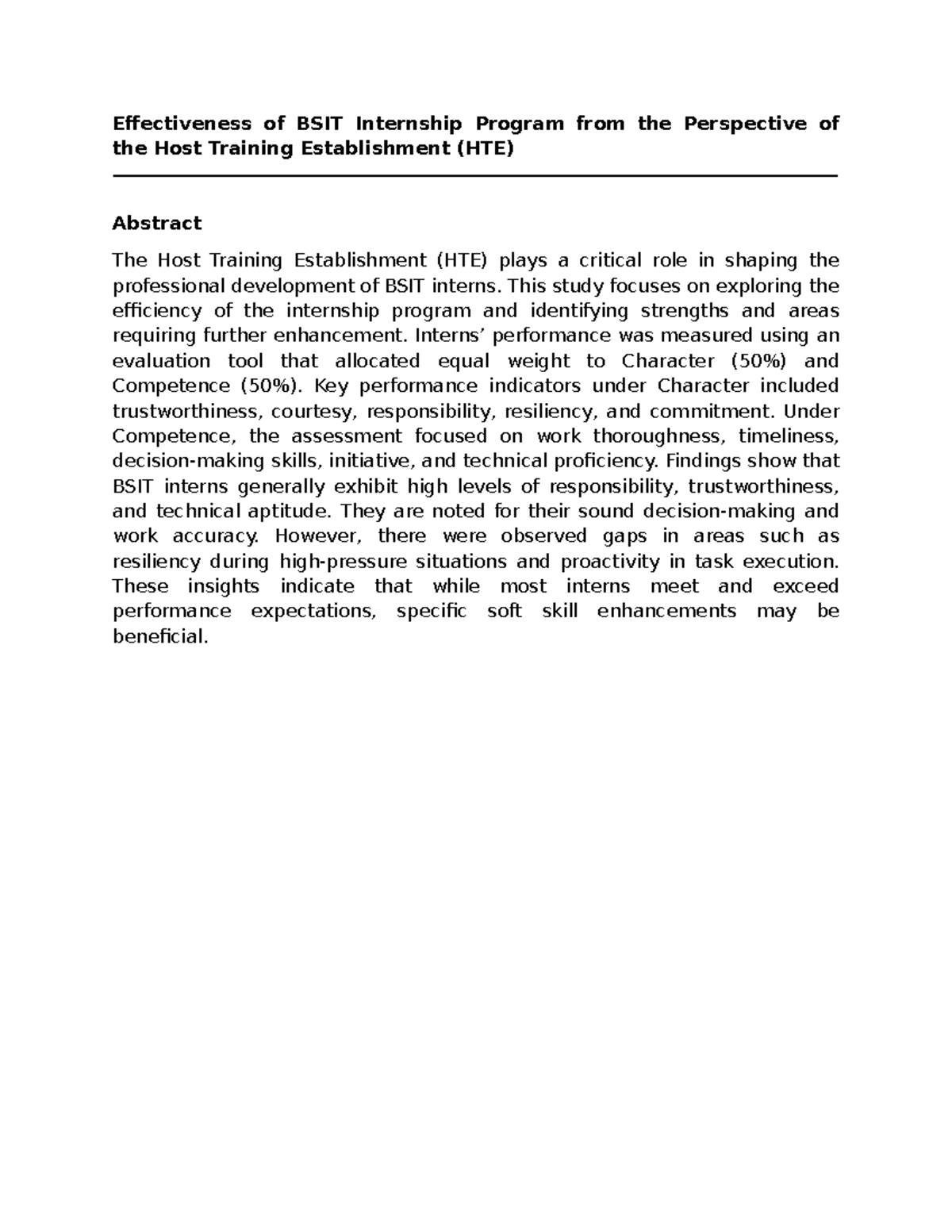 Effectiveness of BSIT internship program: insights from host training ...