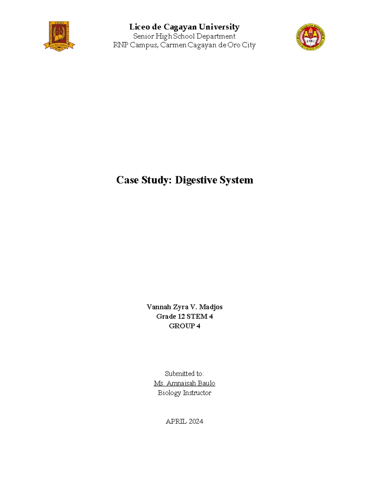 CASE Study: Digestive System - Grade 12 STEM 4 Analysis - Studocu
