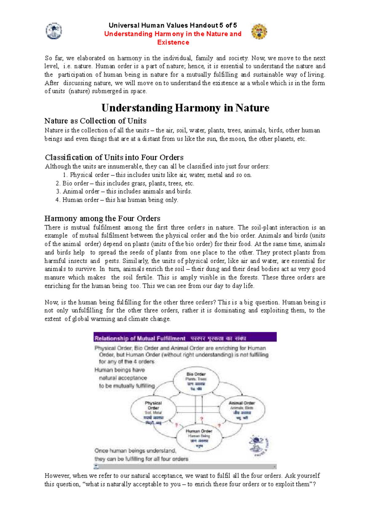 Universal Human Values Handout 5 of 5: Understanding Harmony in Nature ...