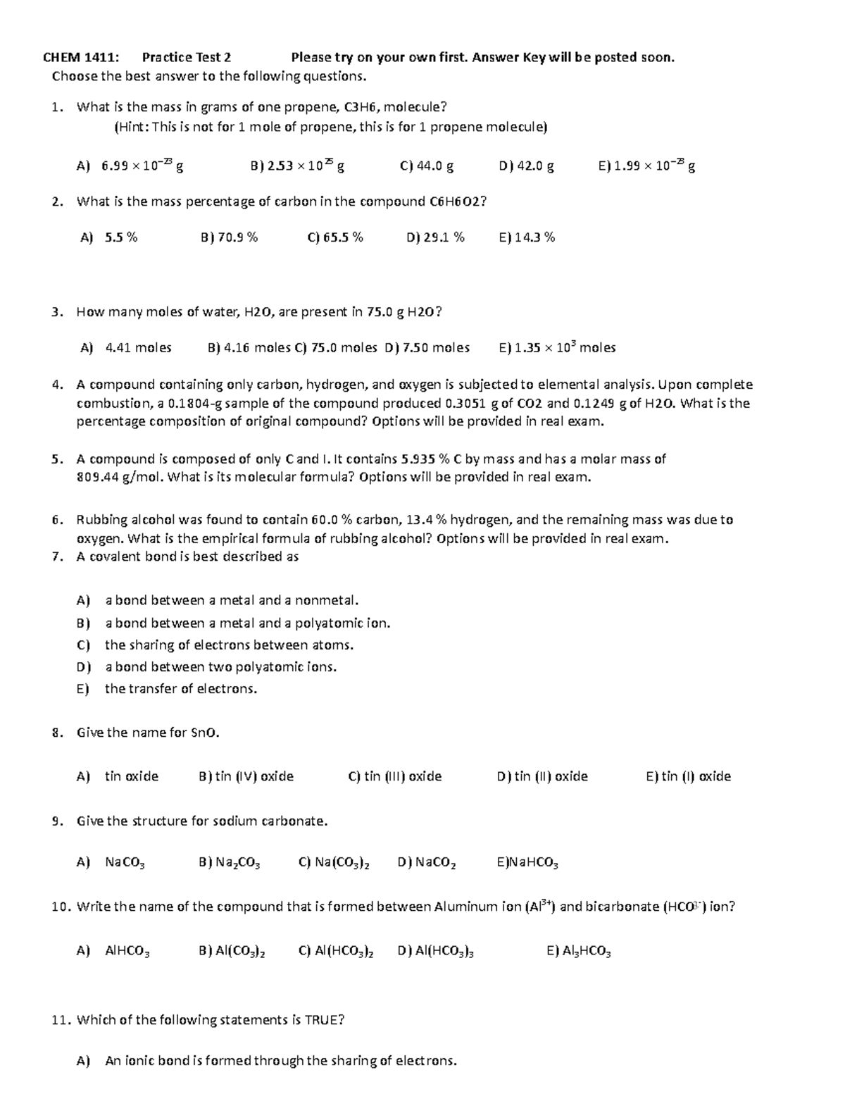 CHEM Practice Exam 2: Key Concepts and Sample Questions - Studocu