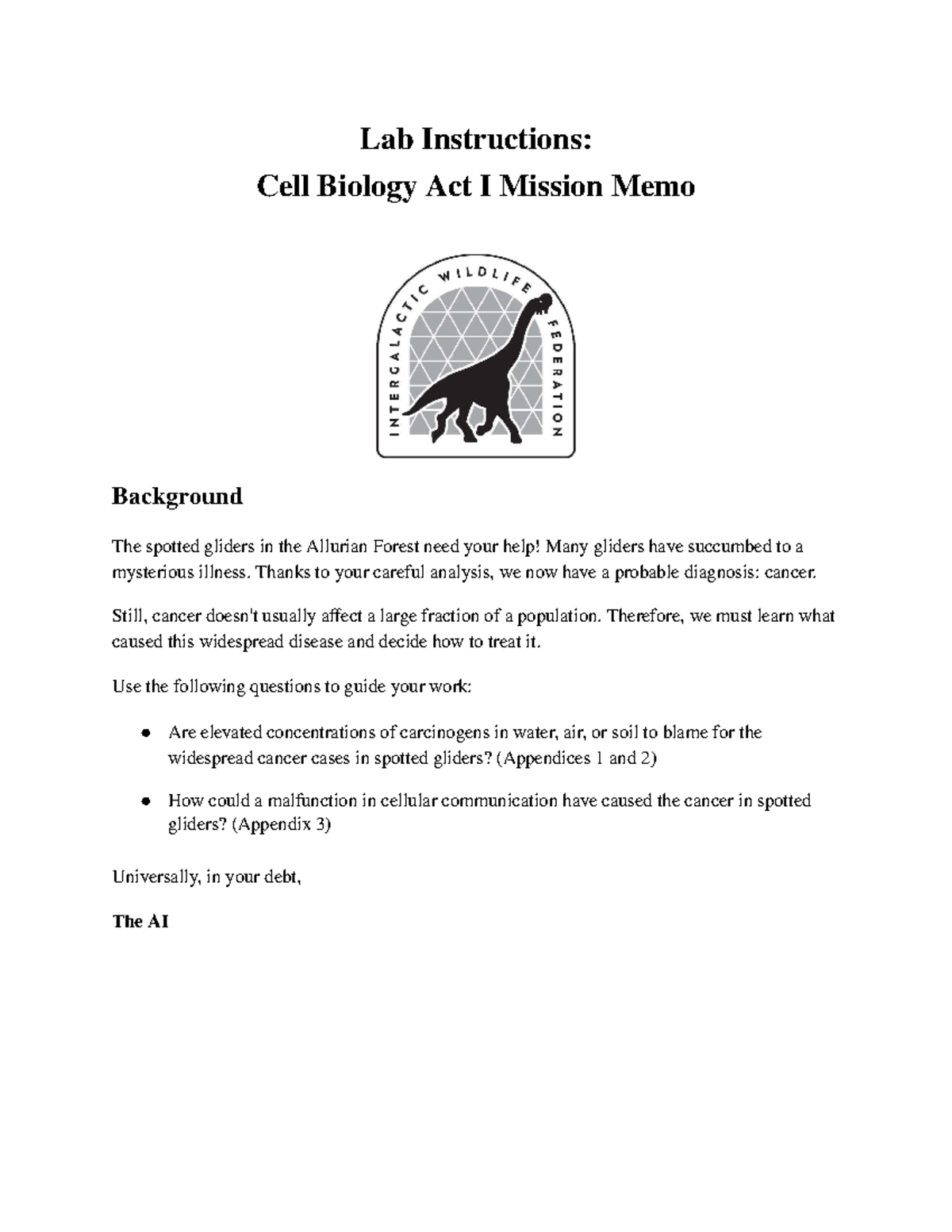 Cell Biology Act I Mission Memo - Lab Instructions: Cell Biology Act I ...